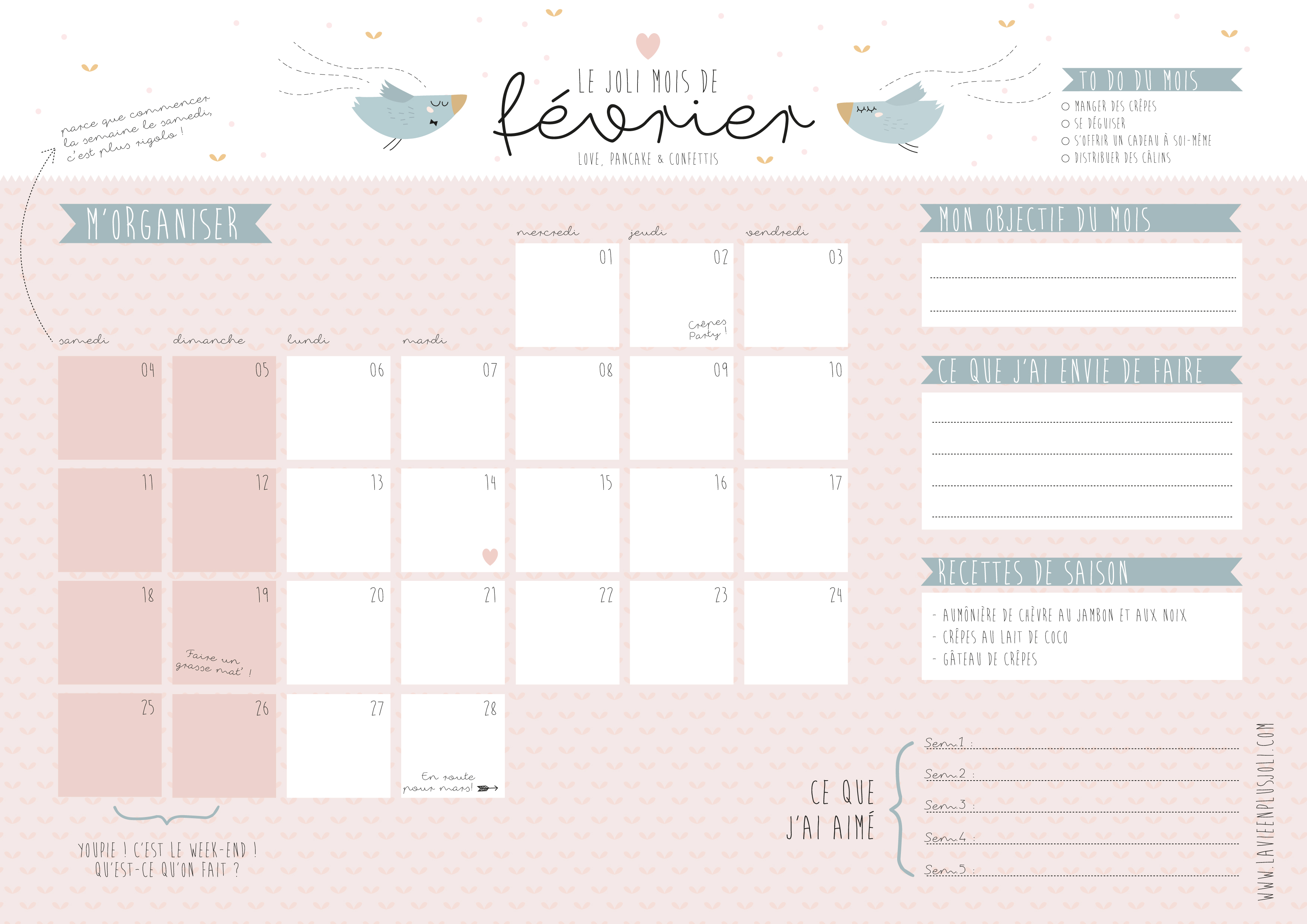 Calendrier du mois de février à imprimer – La vie en plus joli